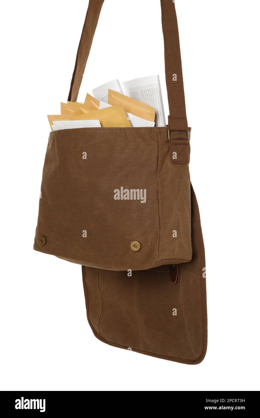 Brown postman bag with mails and newspapers on white background Stock ...