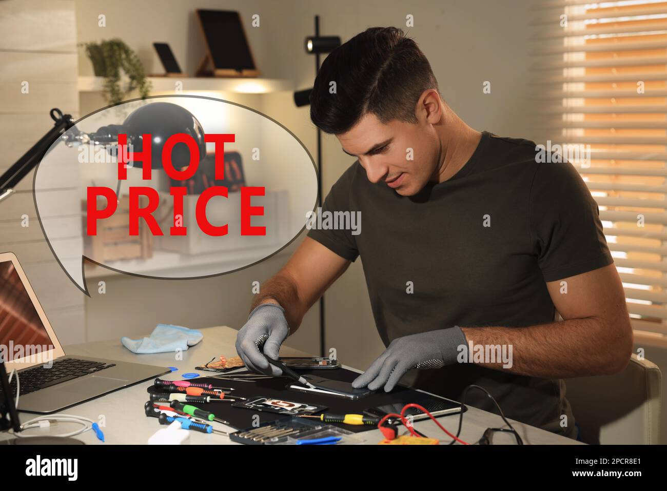 Smartphone repairing by hot price. Man repairing broken mobile at table ...