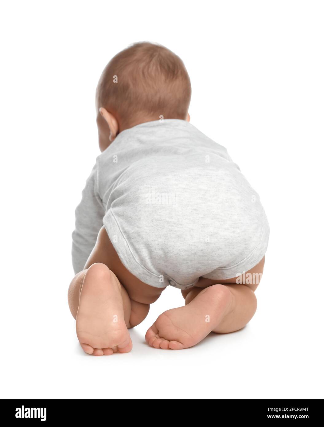 Cute little baby crawling on white background, back view Stock Photo ...