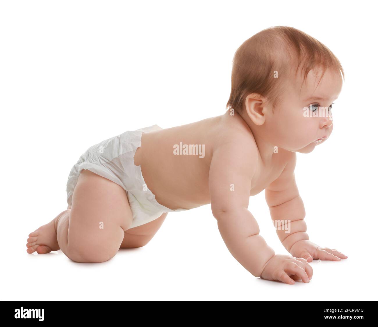 Cute little baby crawling on white background Stock Photo - Alamy
