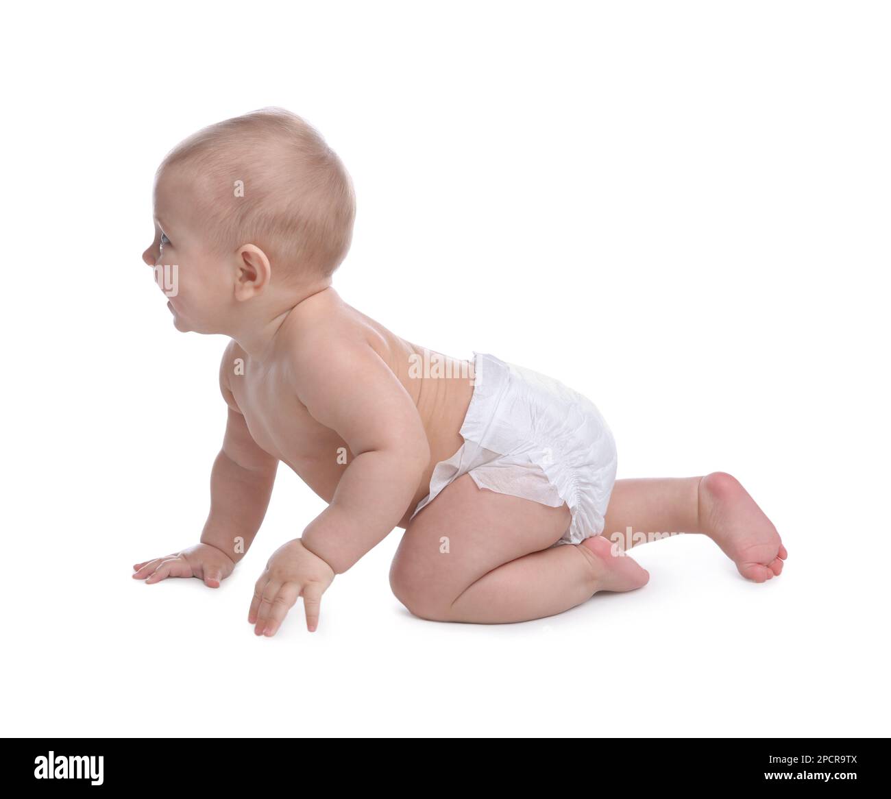 Cute baby in dry soft diaper crawling on white background Stock Photo ...