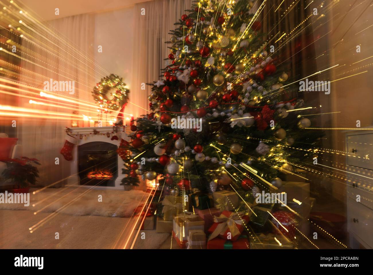 Festive living room interior with Christmas tree and fireplace, long ...