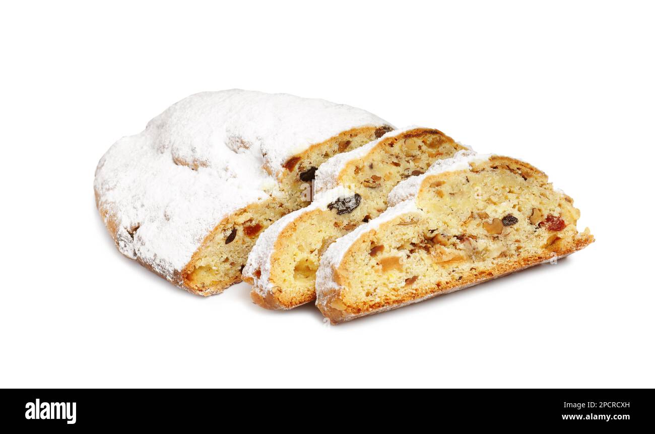 Traditional Christmas Stollen with icing sugar on white background ...