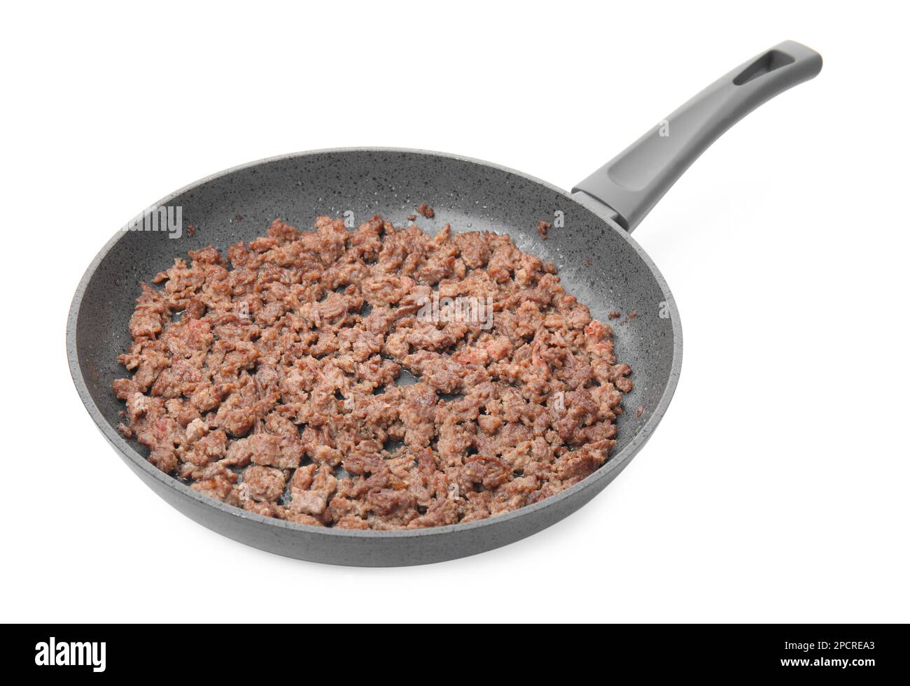 Pan with fried minced meat isolated on white Stock Photo - Alamy