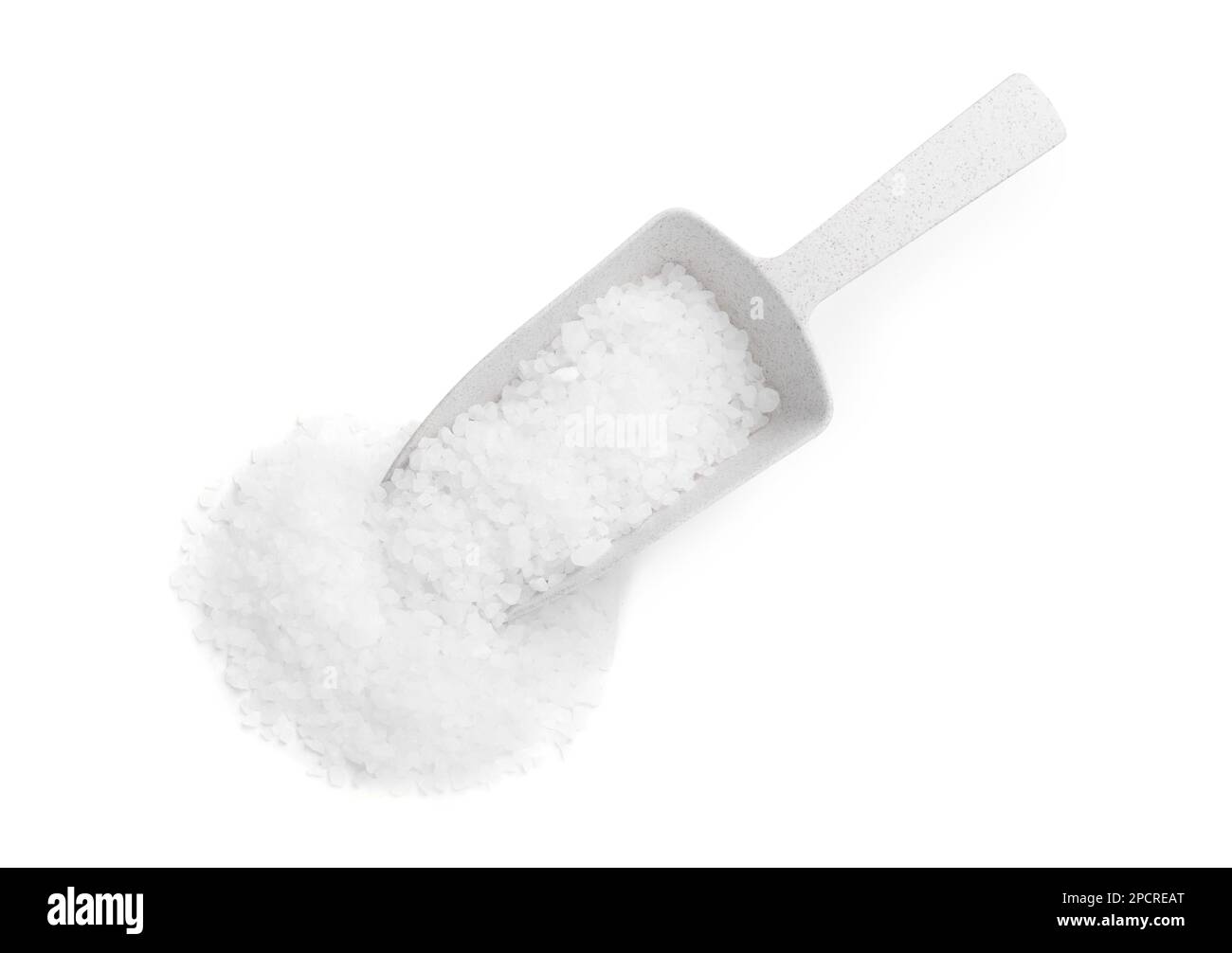 Natural sea salt and scoop on white background, top view Stock Photo ...