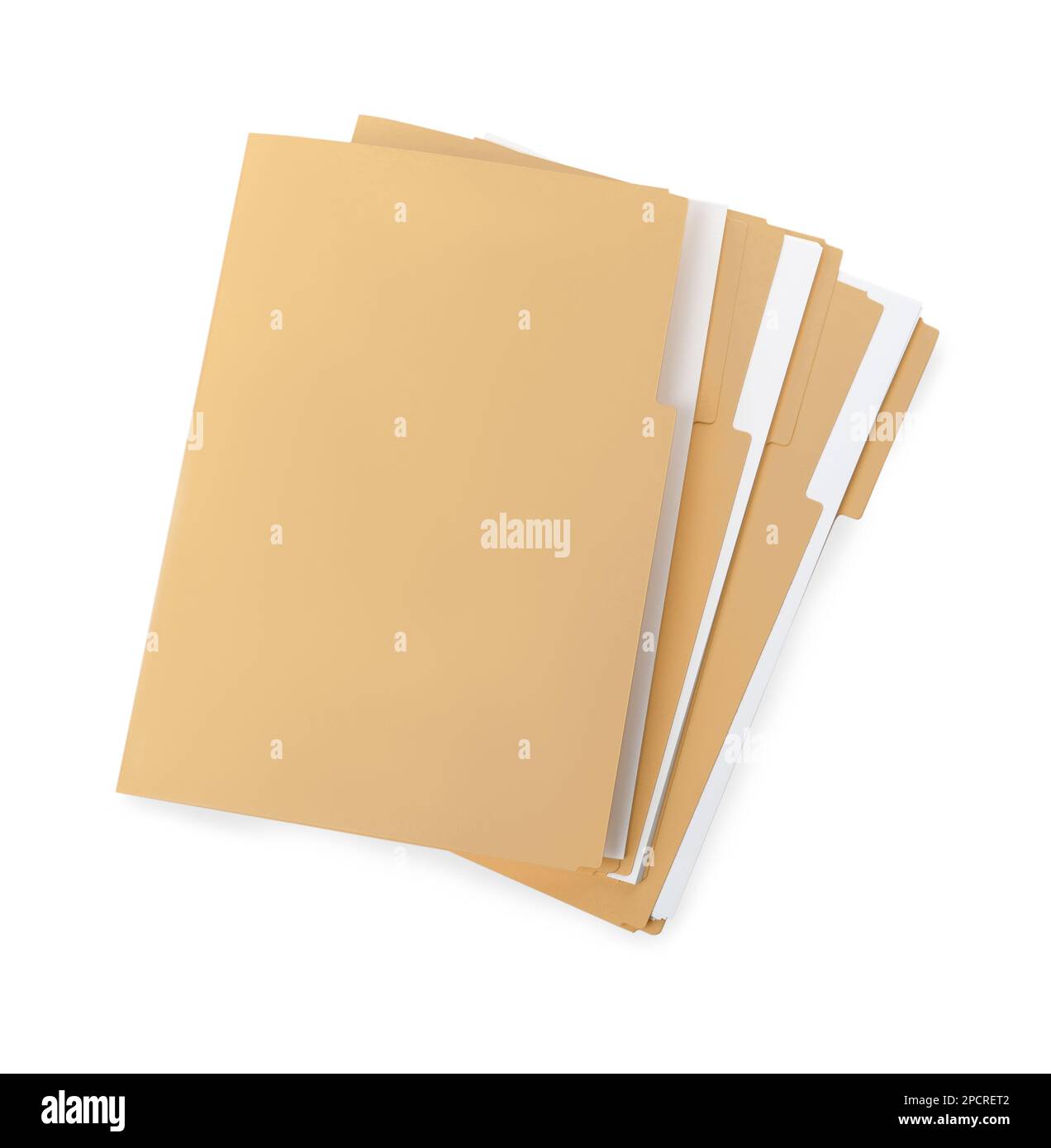 Stack of yellow files with documents on white background, top view ...