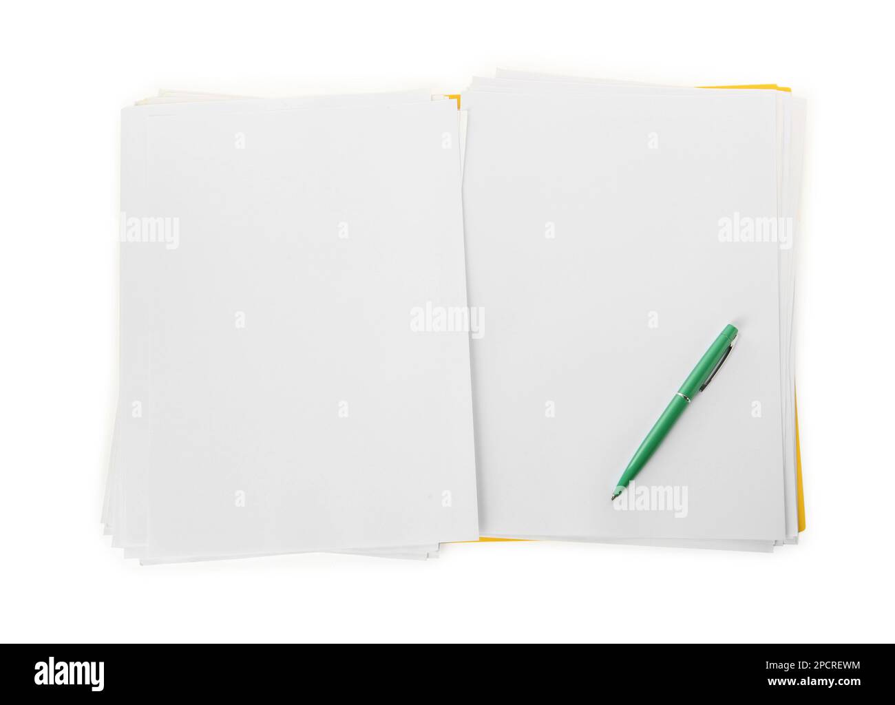Yellow file with blank sheets of paper and green pen isolated on white ...