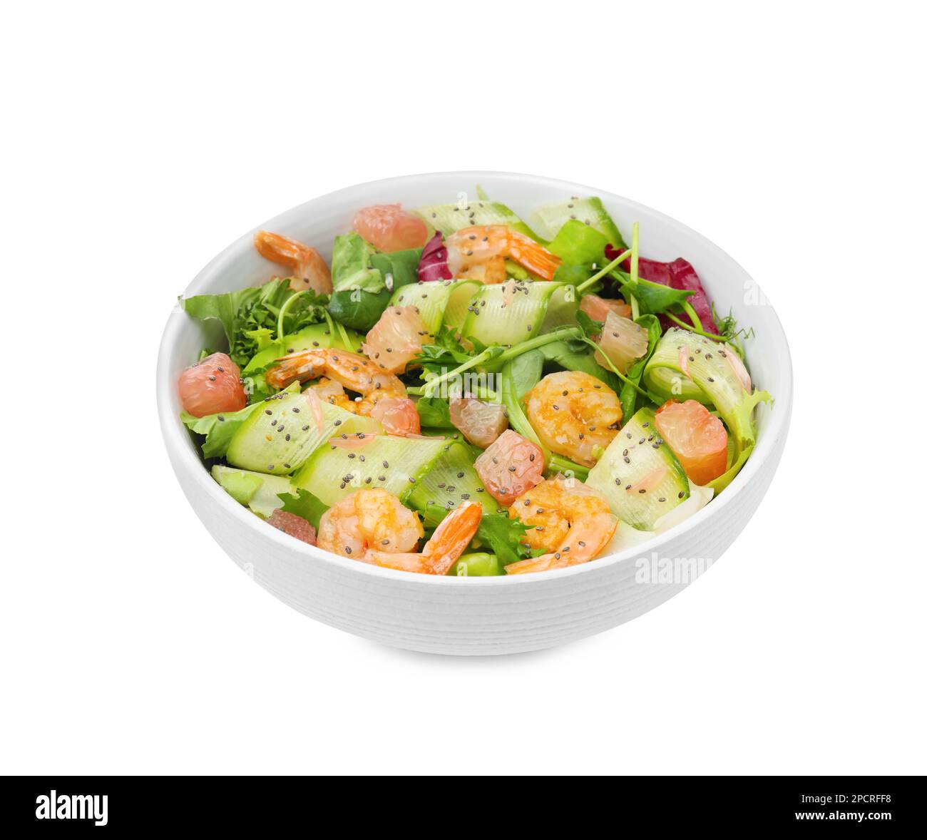 Delicious pomelo salad with shrimps in bowl on white background Stock ...