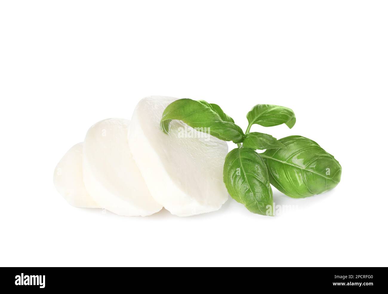 Delicious mozzarella cheese slices and basil on white background Stock ...