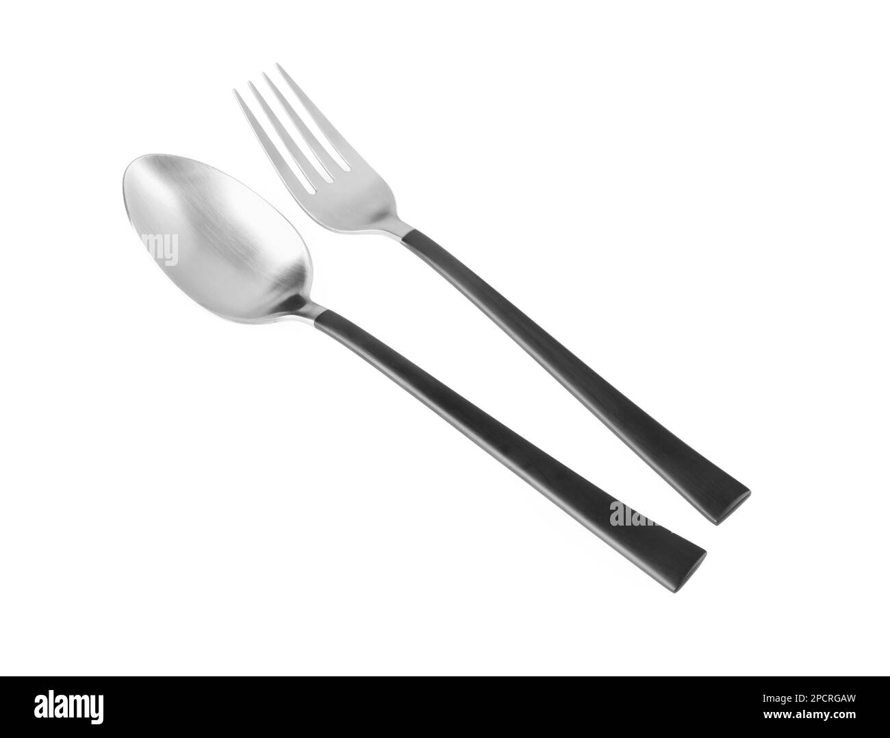 New fork and spoon with black handles on white background Stock Photo ...