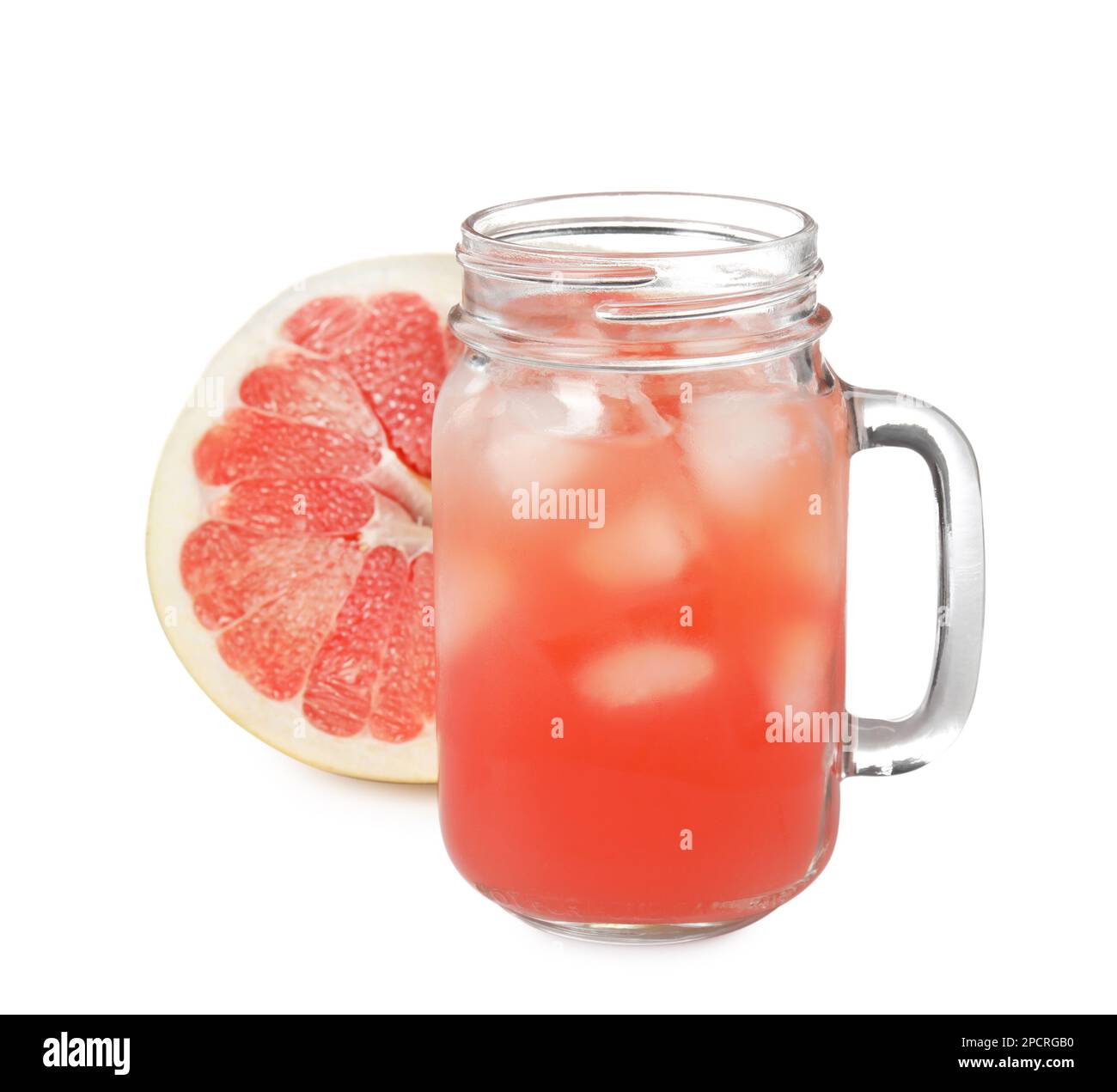 Glass jar of pink pomelo juice and fruit isolated on white Stock Photo ...