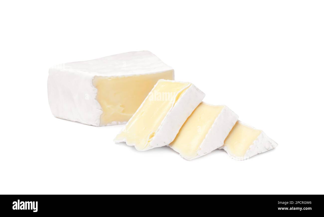 Tasty cut brie cheese on white background Stock Photo - Alamy