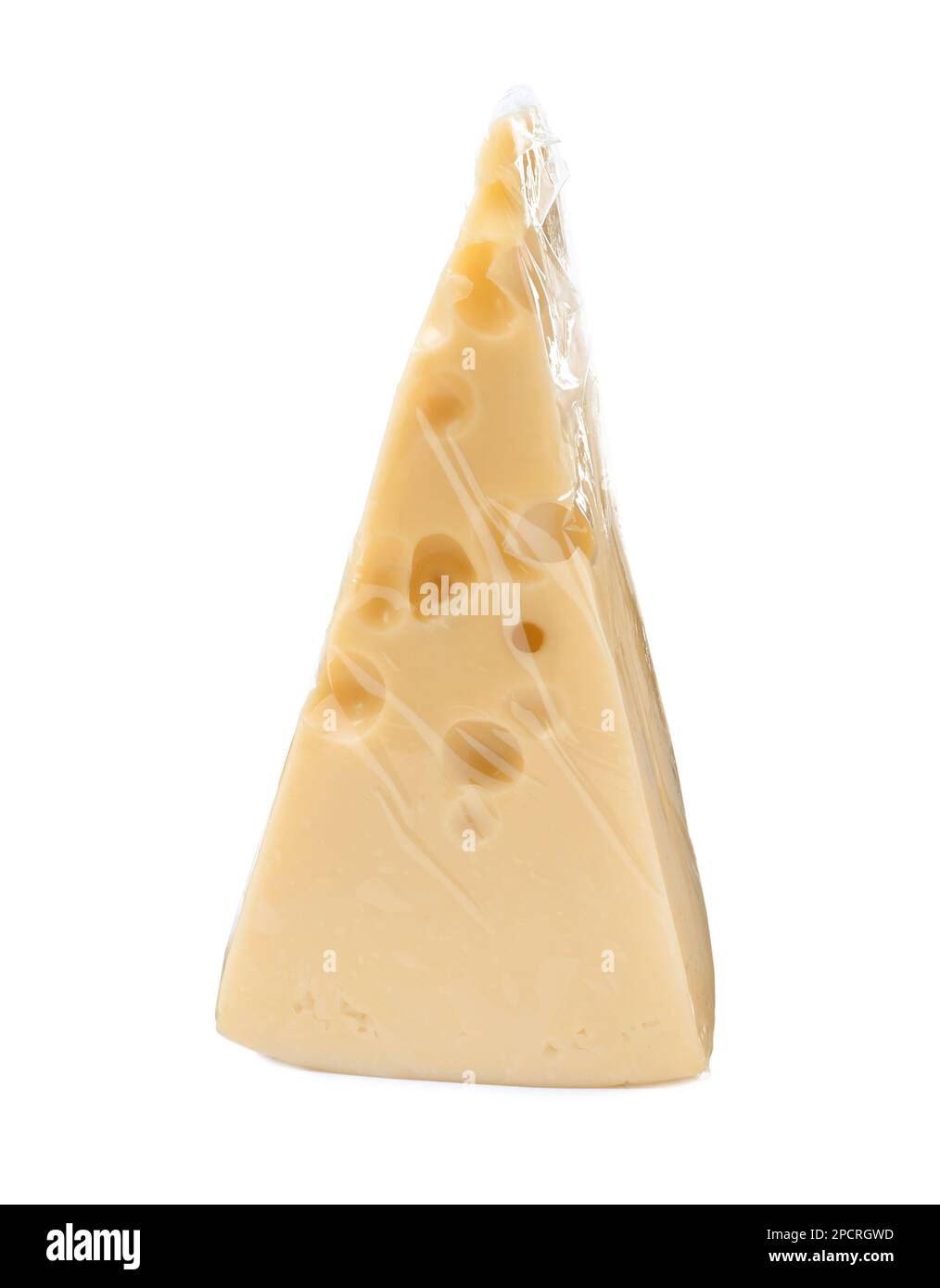 Cheese wrapped with transparent plastic stretch film isolated on white ...