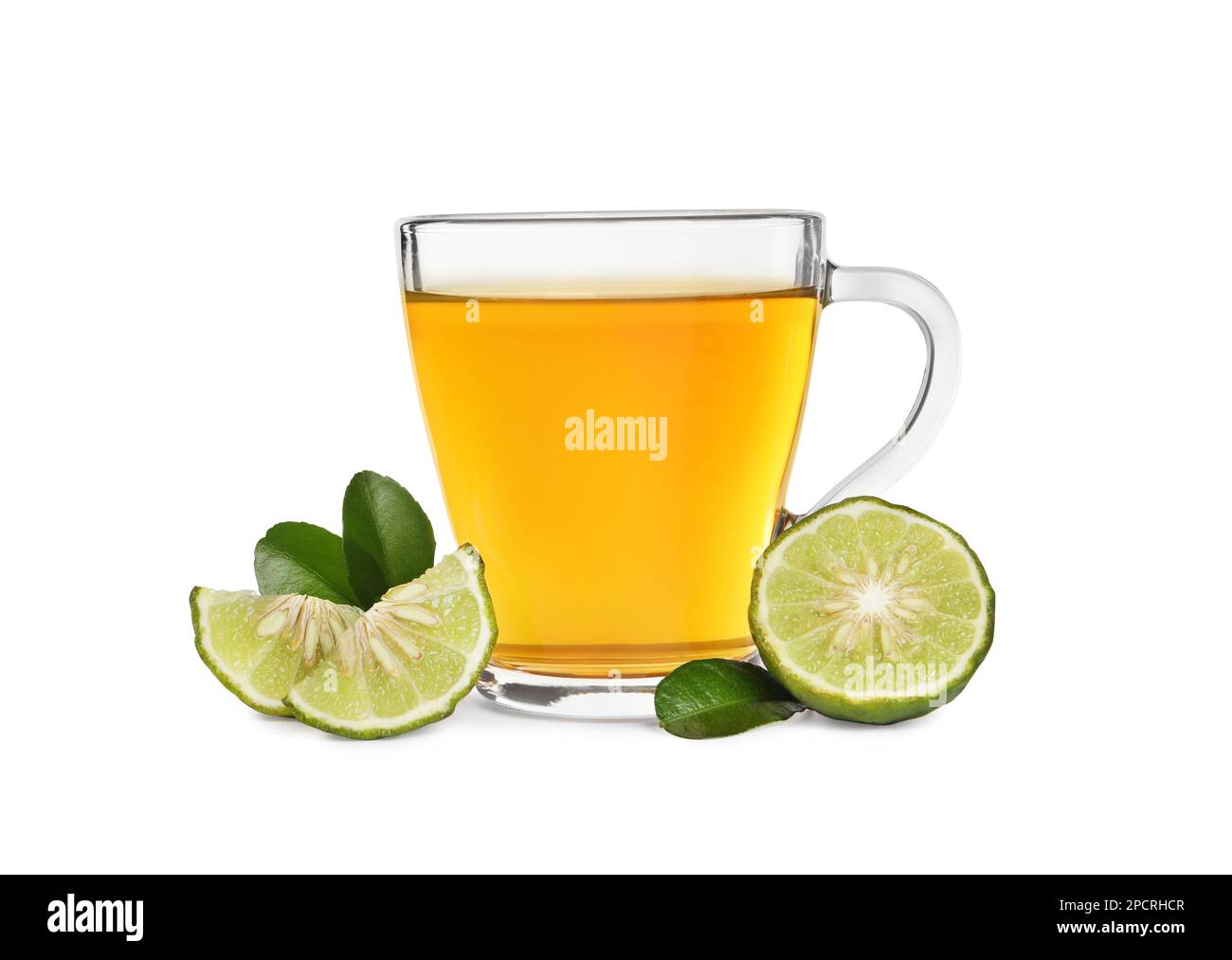Glass cup of bergamot tea and fresh fruit on white background Stock ...