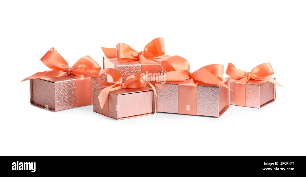 Many beautiful pink gift boxes on white background Stock Photo - Alamy