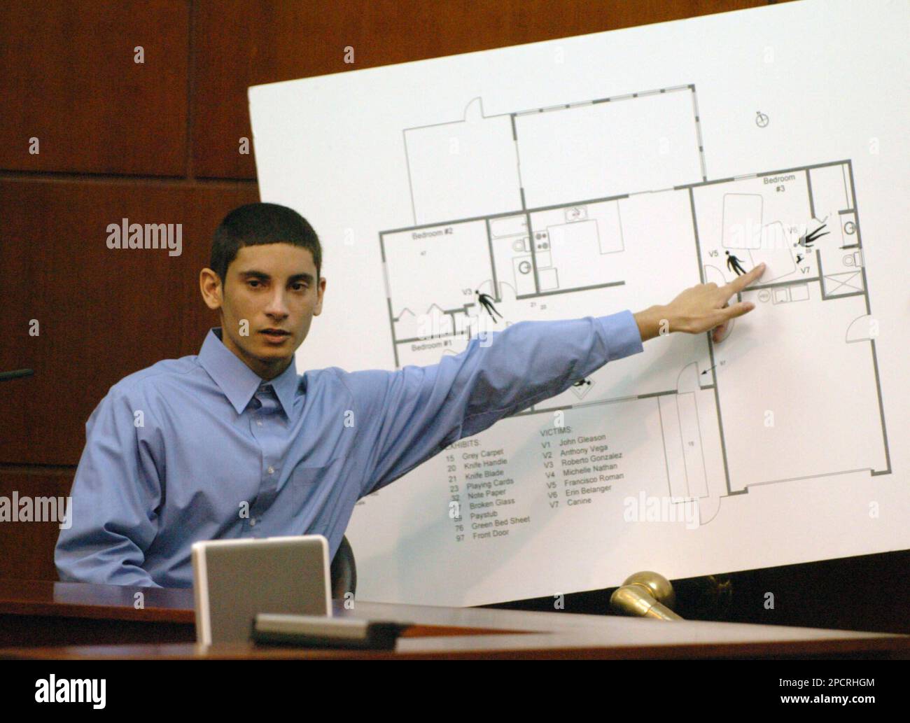 Defendant Michael Salas tells the jury where he was positioned in a ...