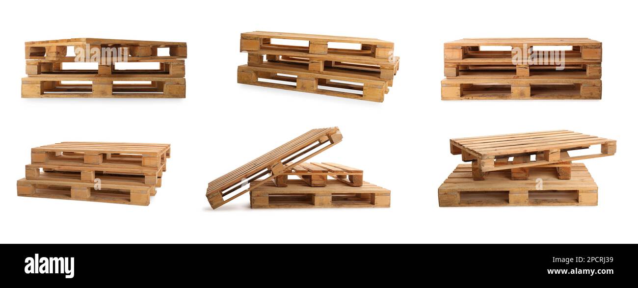 Set with wooden pallets on white background. Banner design Stock Photo ...