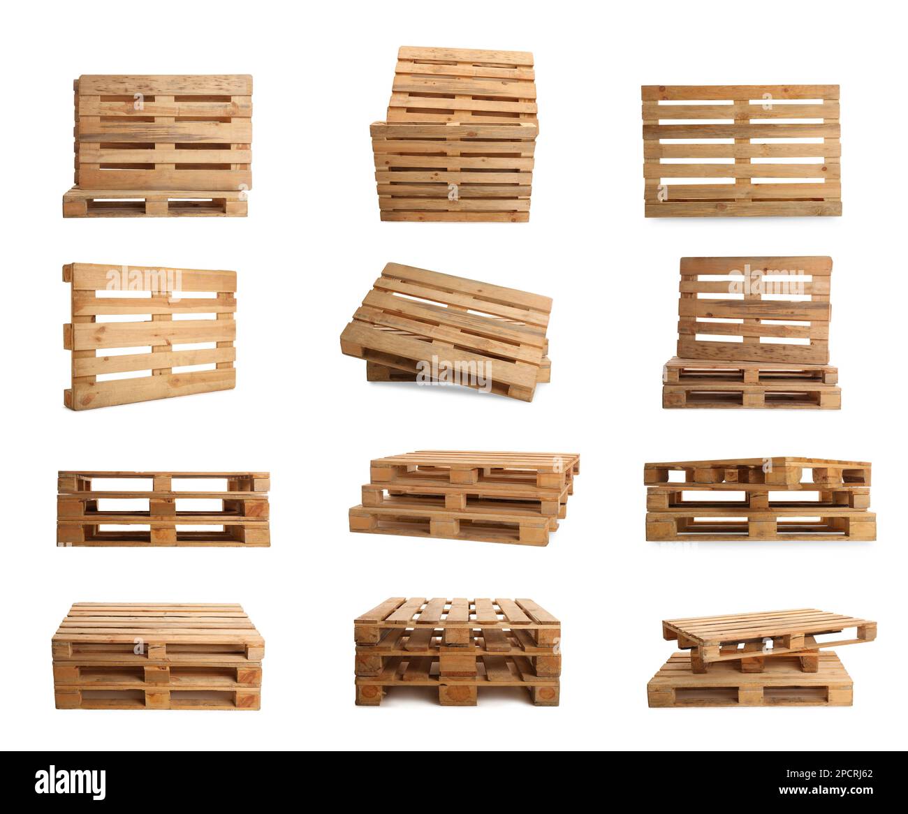 Set with wooden pallets on white background Stock Photo - Alamy