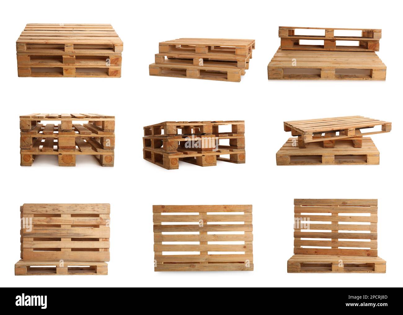 Set with wooden pallets on white background Stock Photo - Alamy