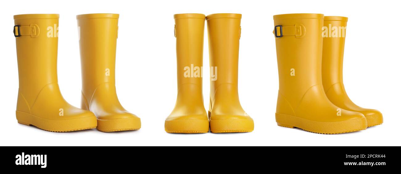 Set with yellow rubber boots on white background. Banner design Stock ...