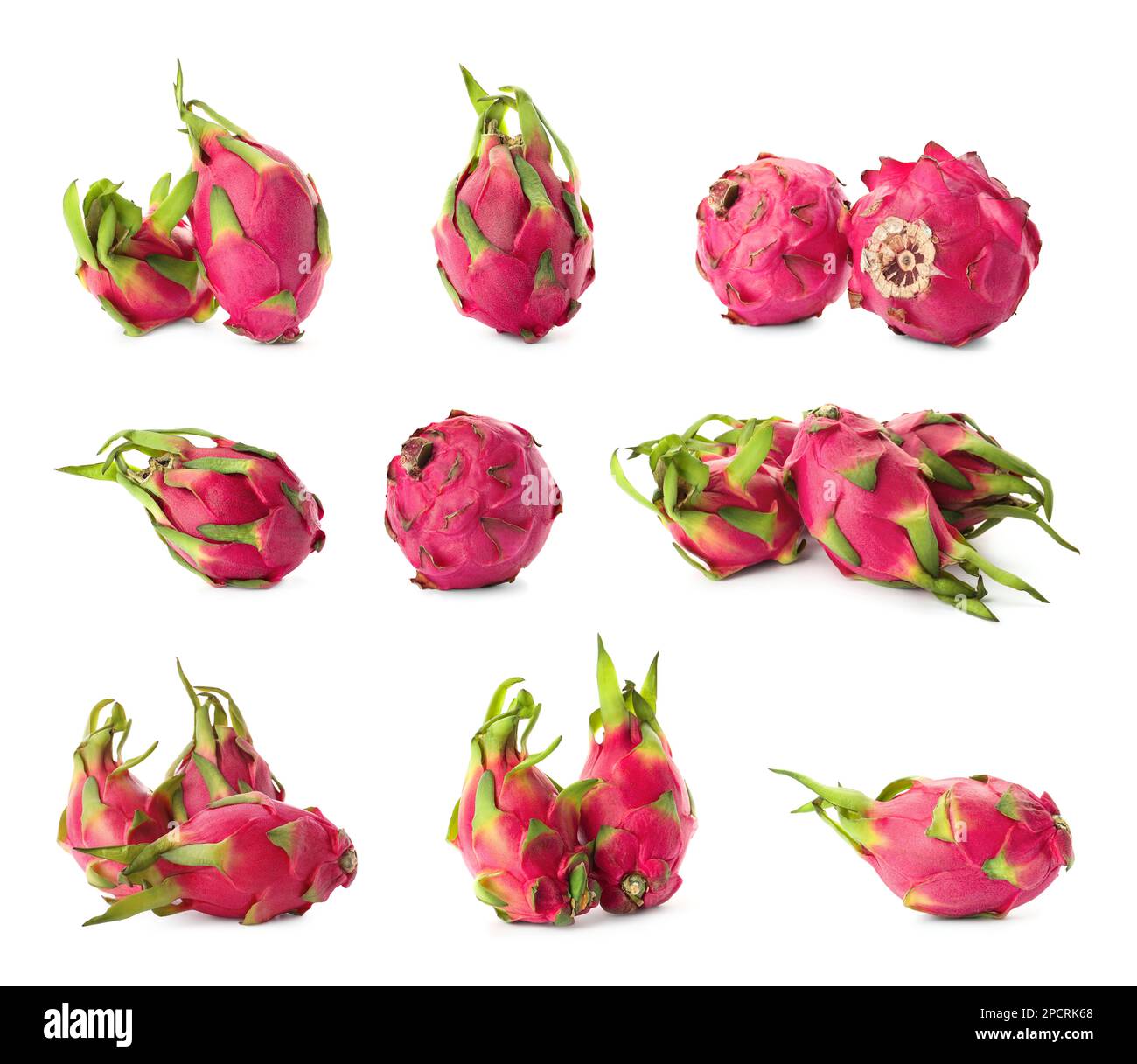 Set with delicious pink dragon fruits (pitahaya) on white background ...
