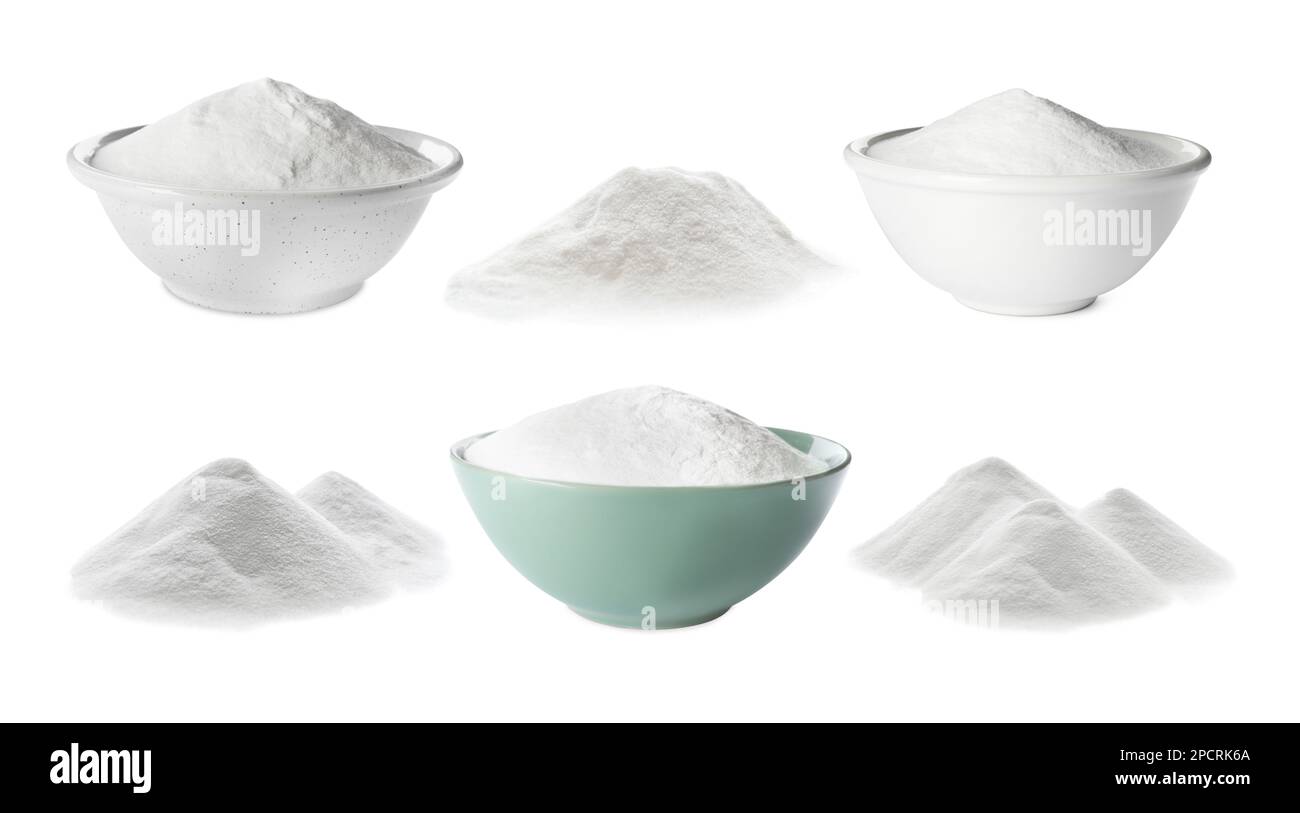 Set with baking soda on white background Stock Photo - Alamy