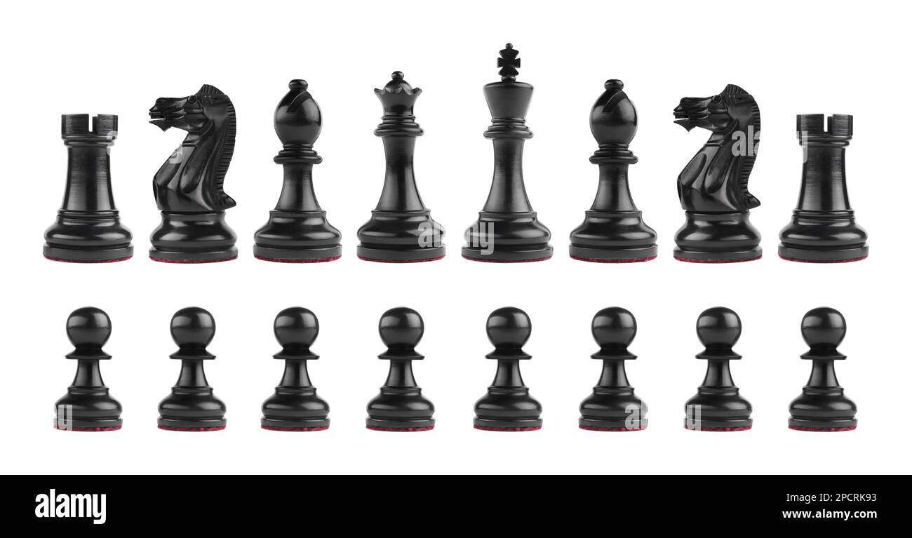 Set with black chess pieces on white background Stock Photo - Alamy