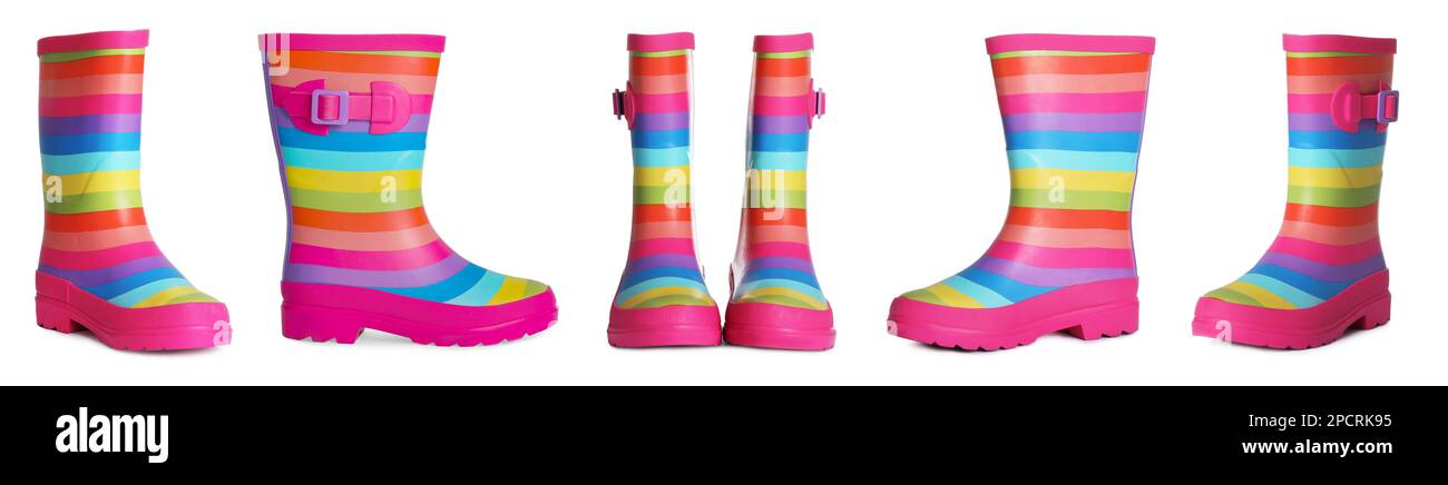 Set with color rubber boots on white background. Banner design Stock ...