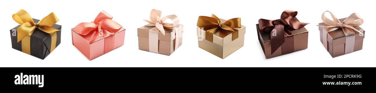 Set with beautiful gift boxes on white background. Banner design Stock ...