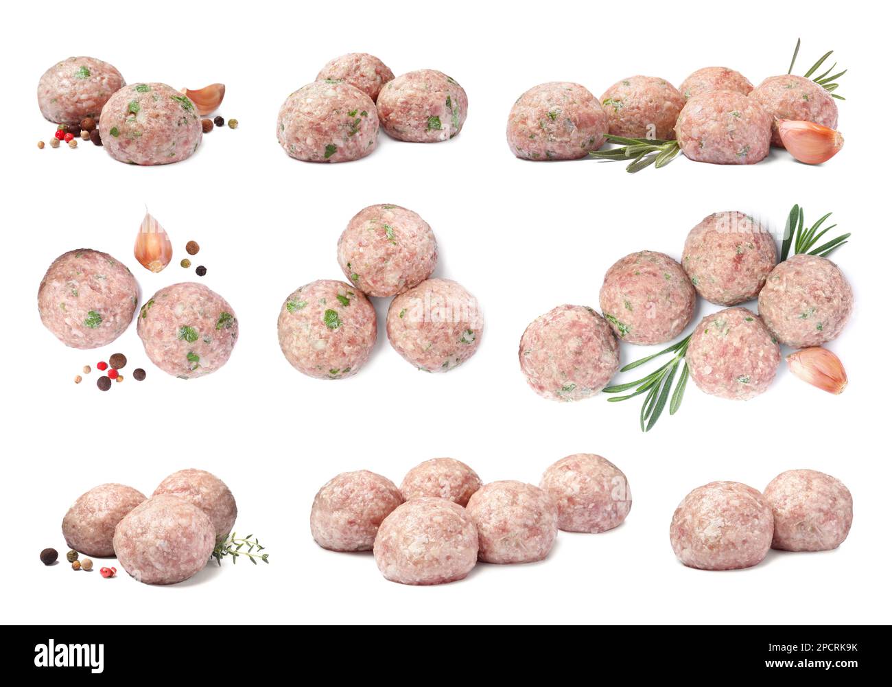 Set with fresh raw meatballs on white background Stock Photo - Alamy