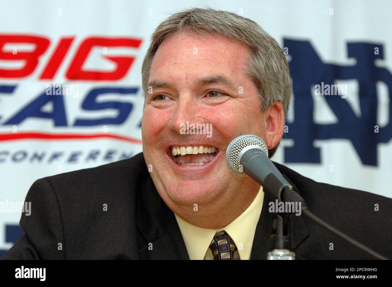 New Notre Dame baseball coach Dave Schrage answers a question during a ...