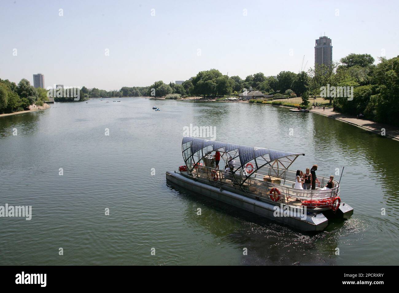 the United Kingdom's biggest solar powered boat "Solarshuttle" poses in ...