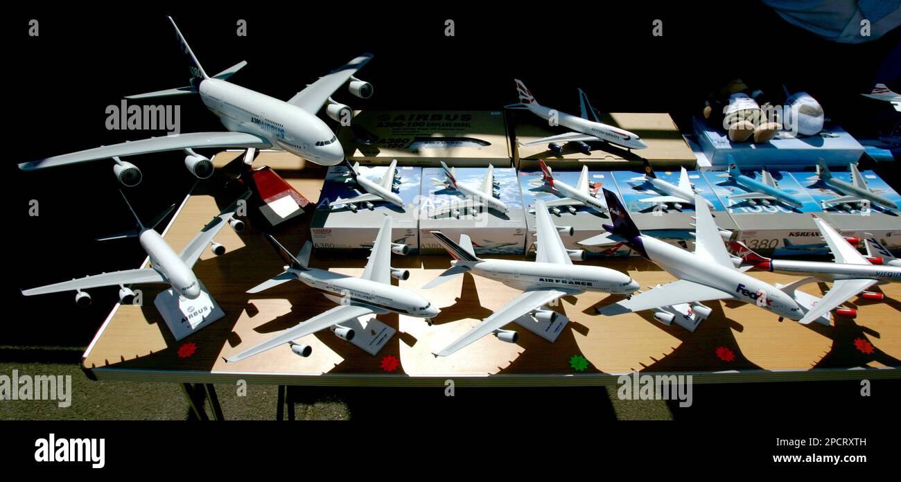 Model airplanes are displayed on a stall at Farnborough International ...