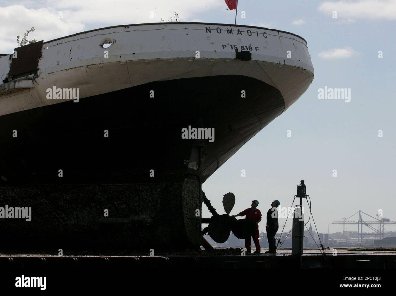 The stern of SS Nomadic is inspected at Harland and Wolf ship yard in ...