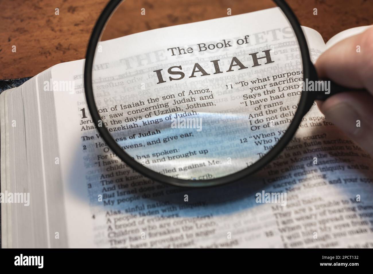 A closeup of a person holding a magnifier and reading the book of ...