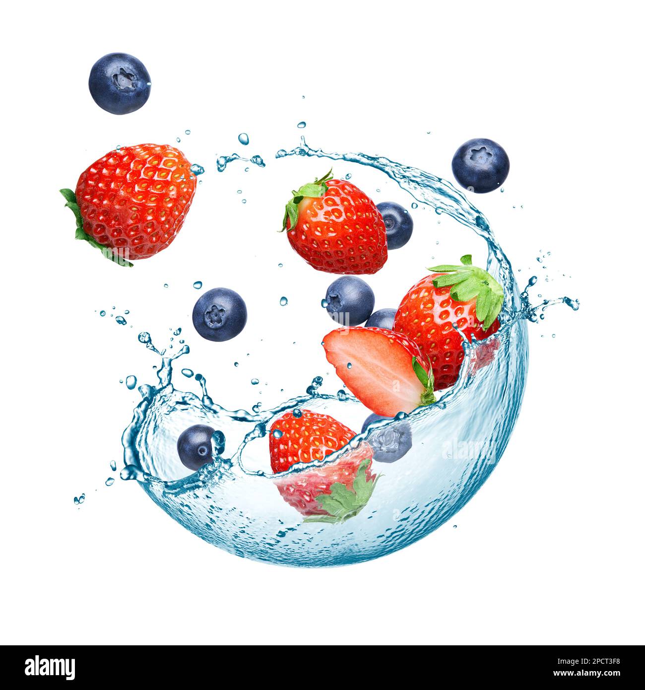 Strawberries and blueberry with water splash in circle shape isolated ...