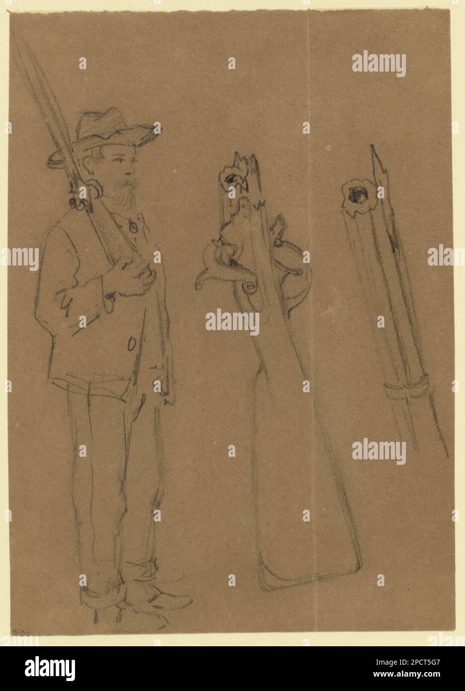 Full-length portrait of soldier with rifle and details of the weapon ...