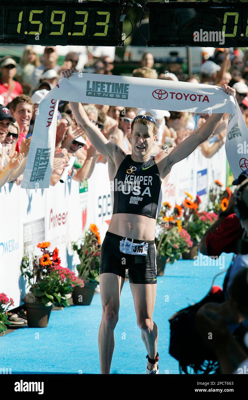 Hunter Kemper crosses the finish line to win the Life Time Fitness ...