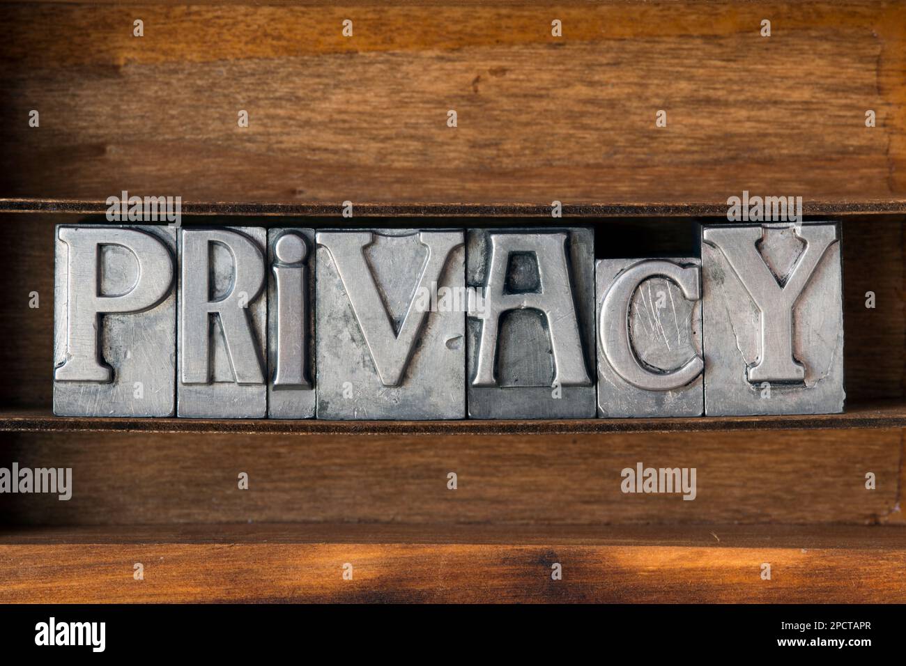 privacy word made from metallic letterpress type on wooden tray Stock ...