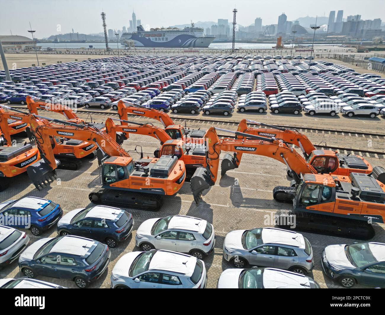YANTAI, CHINA - MARCH 14, 2023 - A car ro-ro ship docked at the port to ...