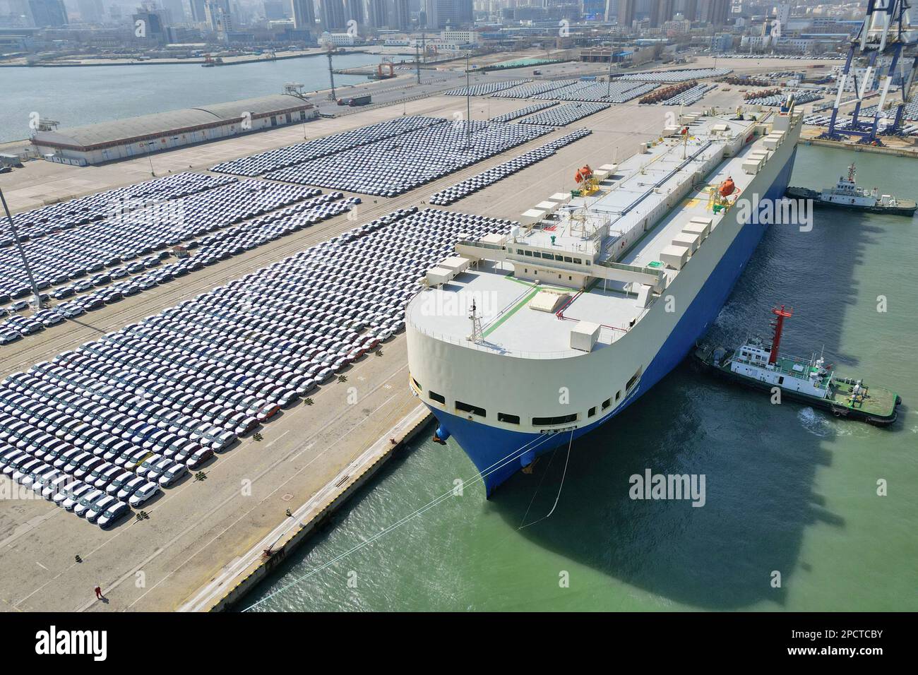 YANTAI, CHINA - MARCH 14, 2023 - A car ro-ro ship docked at the port to ...