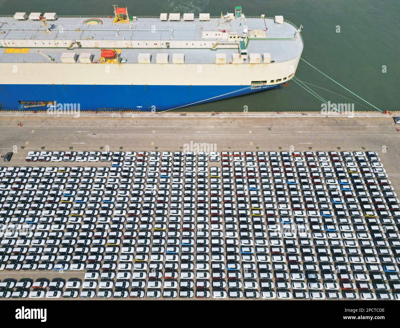YANTAI, CHINA - MARCH 14, 2023 - A car ro-ro ship docked at the port to ...