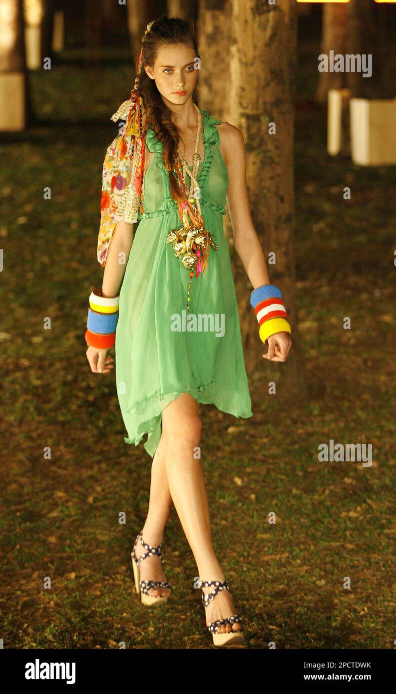 A model shows a design from the Ellus' collection during the Sao Paulo ...
