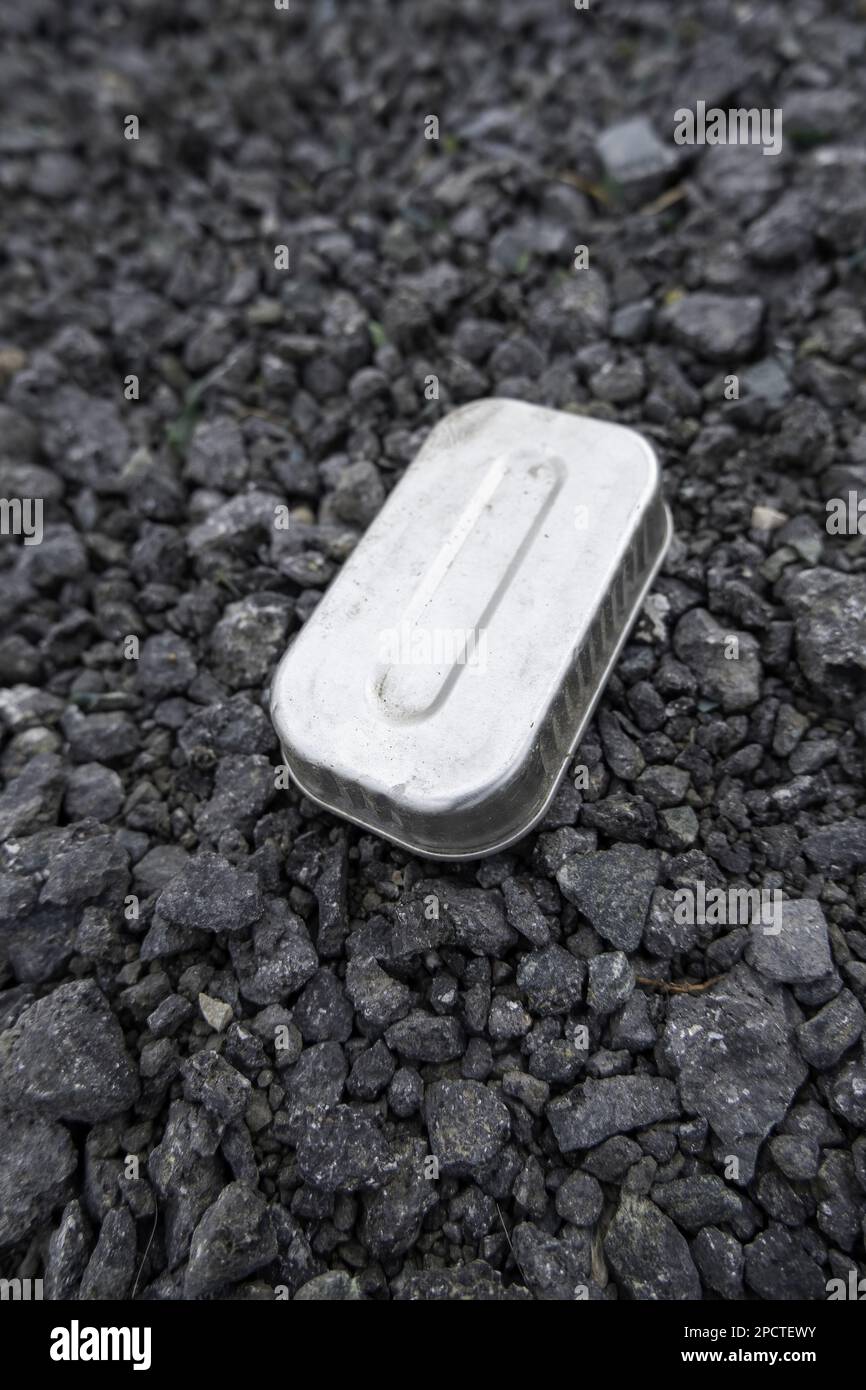 Detail of metal can thrown away in nature, destruction of the ...