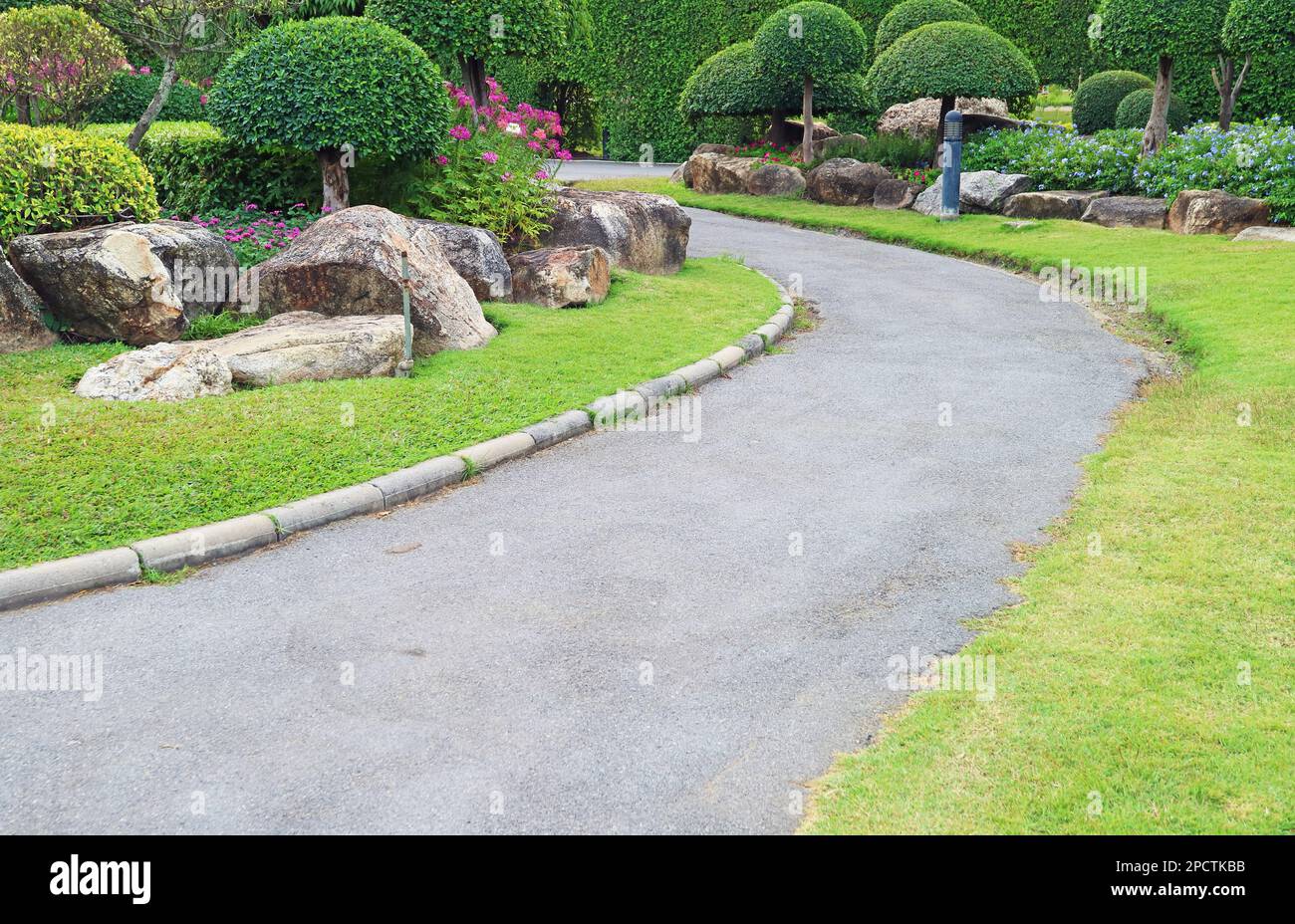 Curvy pathway in the flowering garden with round shaped trees Stock ...