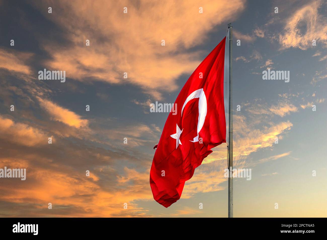 Turkish flag. Turkey national flag. Turkish flag at sunset Stock Photo ...