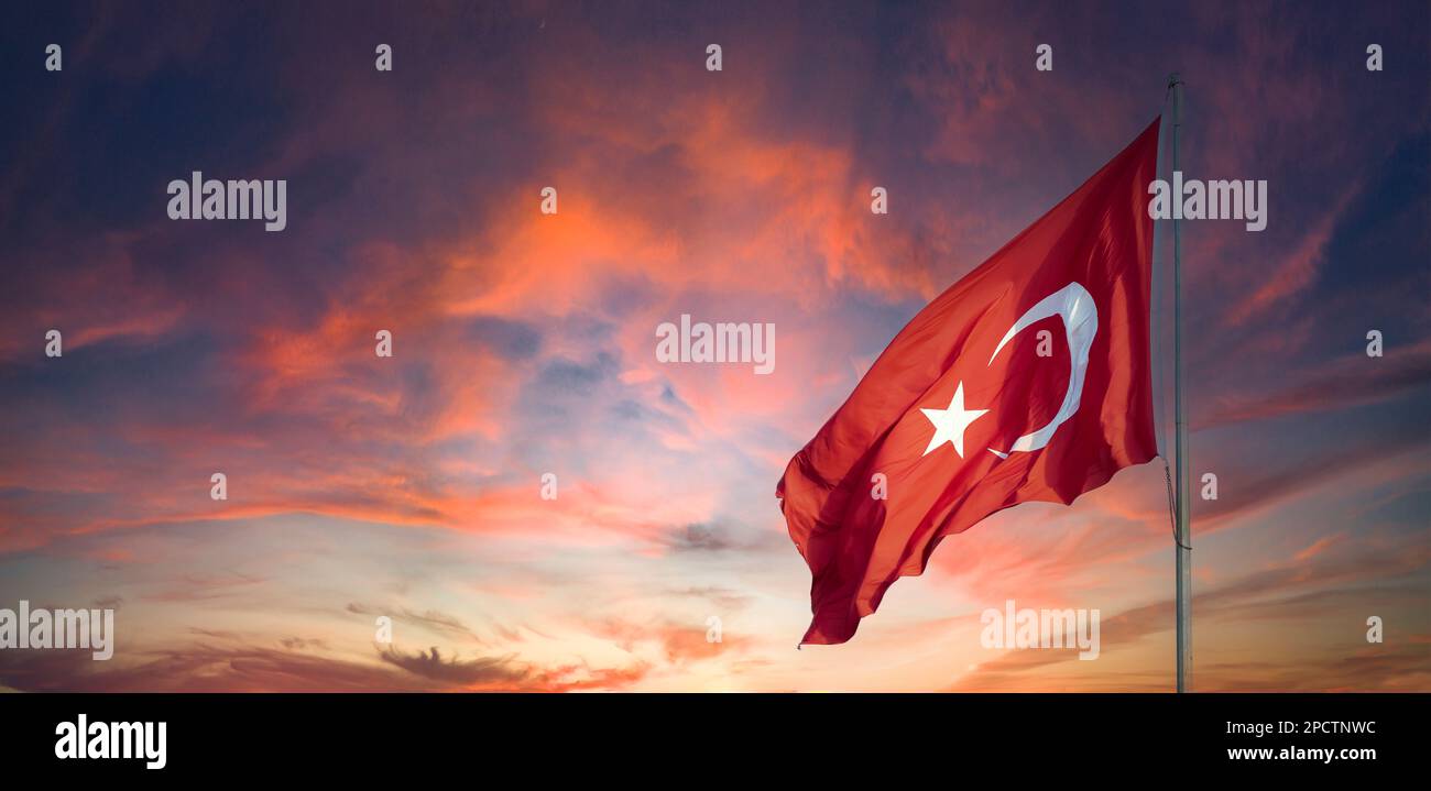 Turkish flag. Turkey national flag. Turkish flag at sunset. Empty space ...