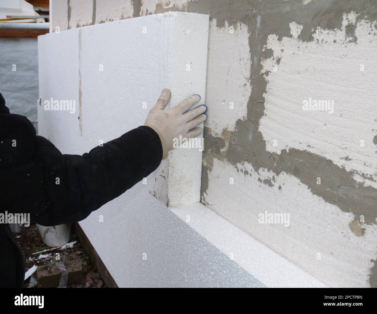 House exterior wall foam insulation. A close-up of a building ...