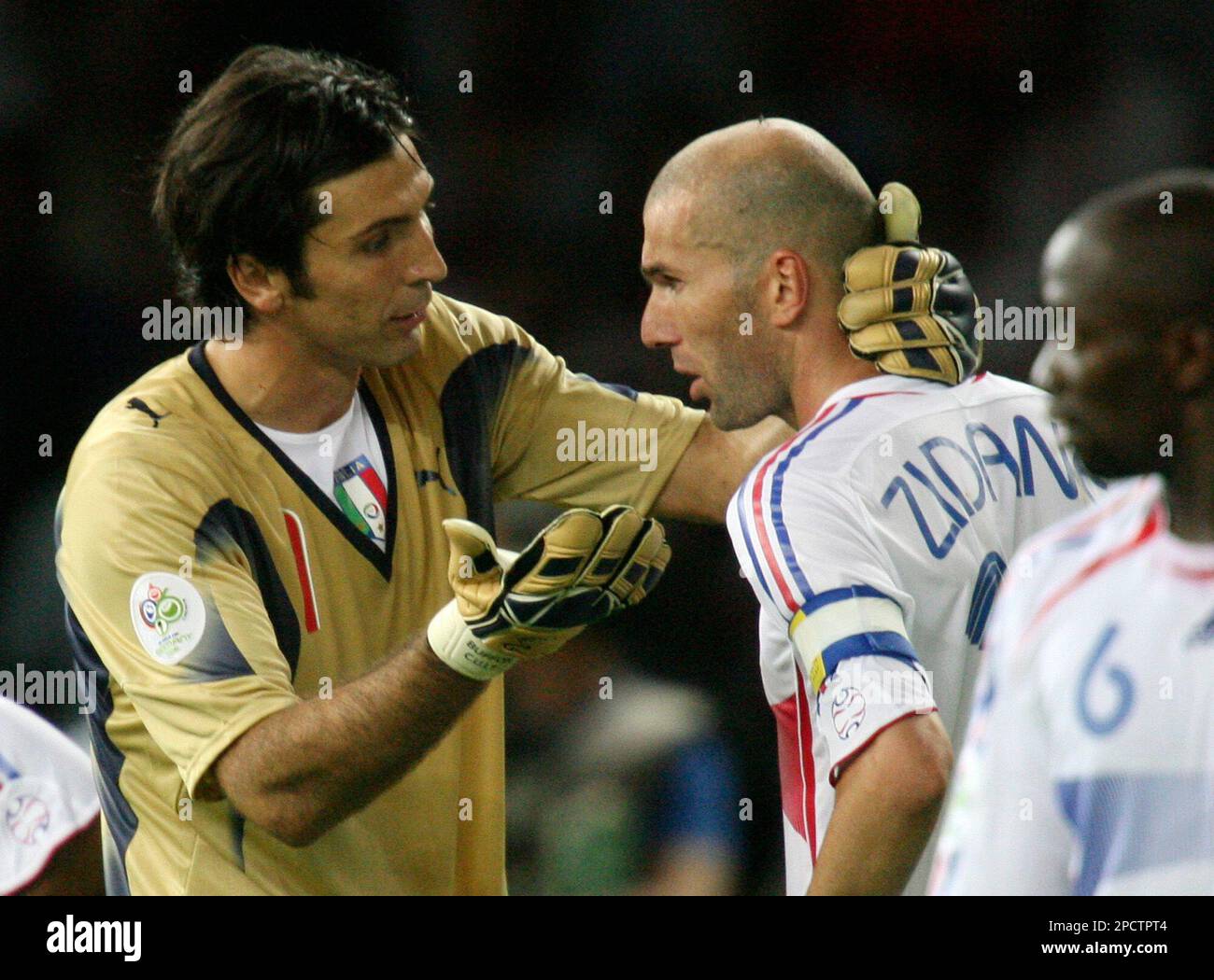 Italy's goalkeeper Gianluigi Buffon, left, has words with France's ...