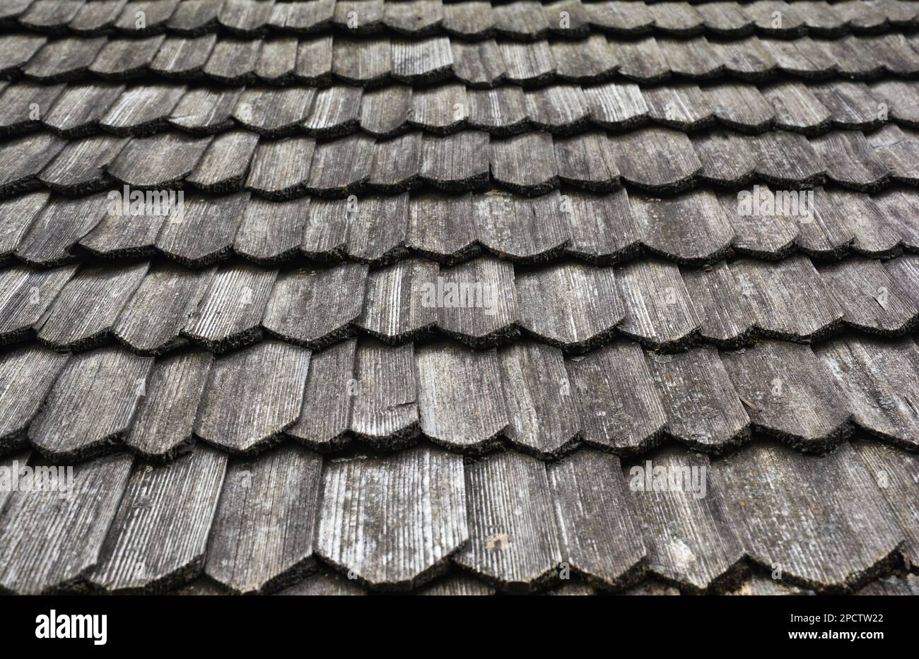 Gray, wooden roof tiles background, texture. A close-up of an old gray ...